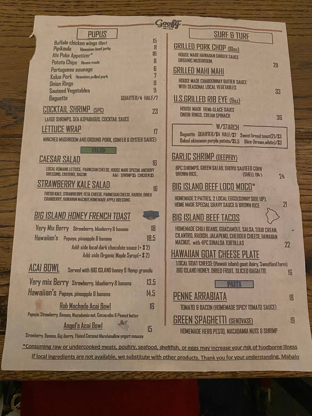 Menu at Goofy Cafe & Dine, Honolulu