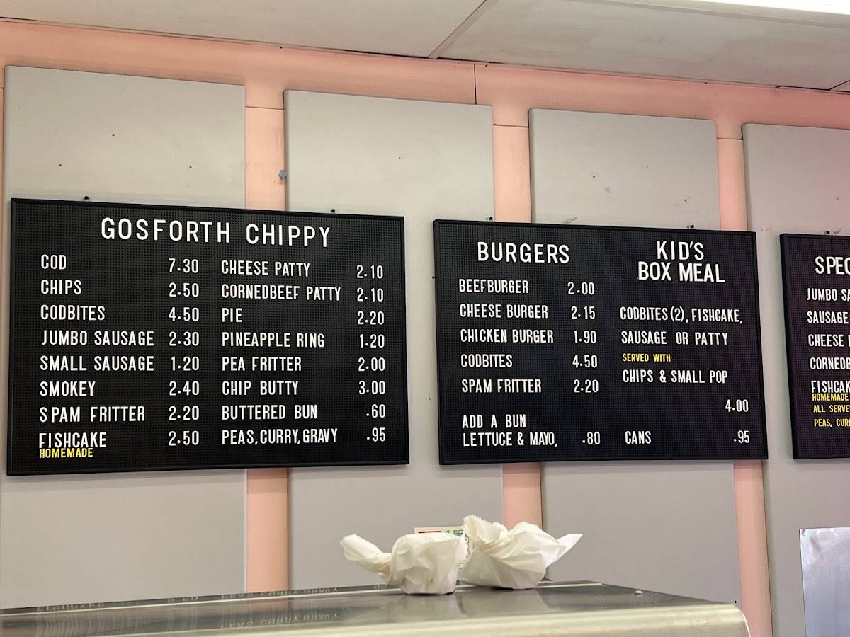 Menu at Gosforth Chippy fast food, Newcastle upon Tyne