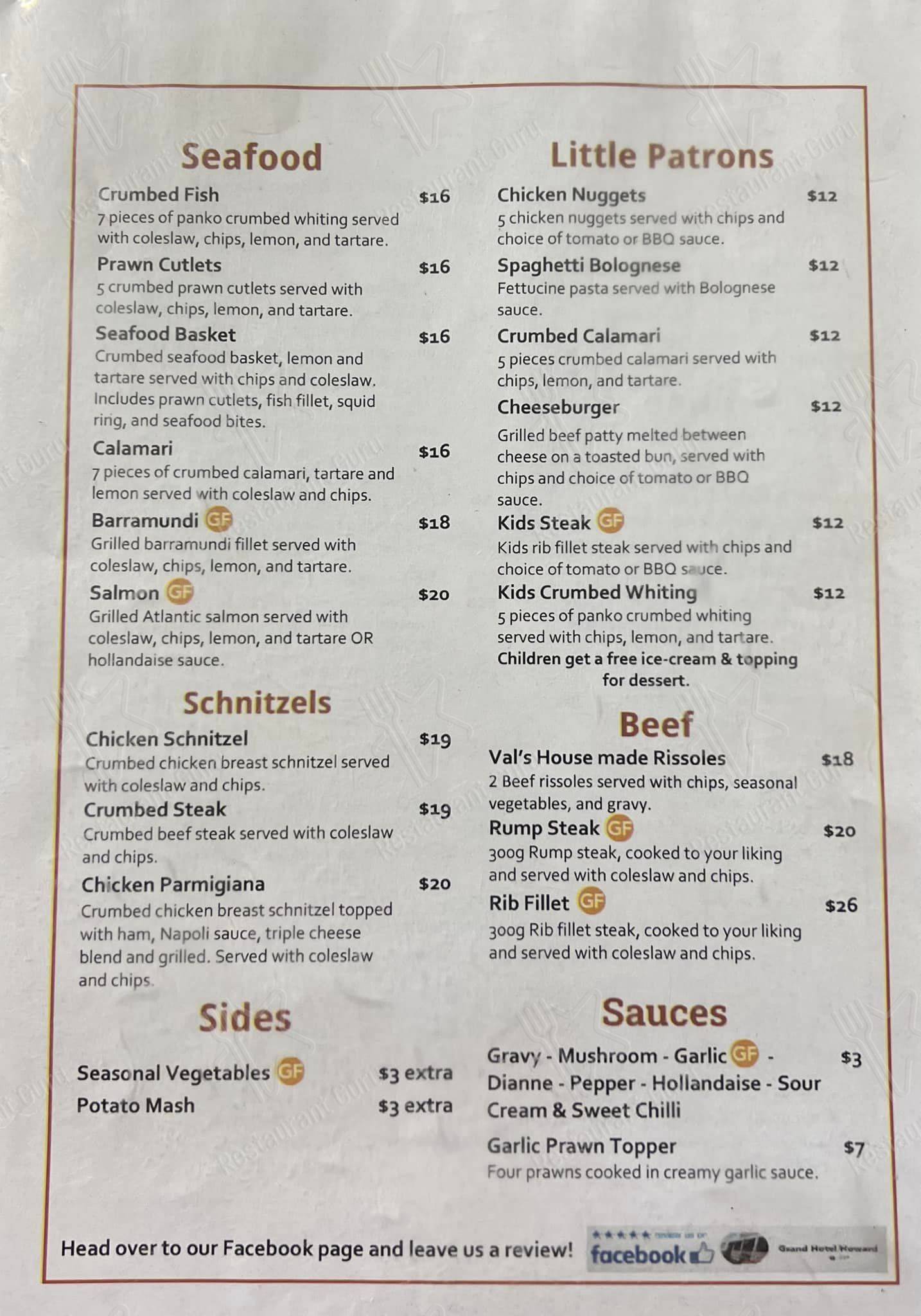 Menu at Grand Hotel Howard pub & bar, Howard
