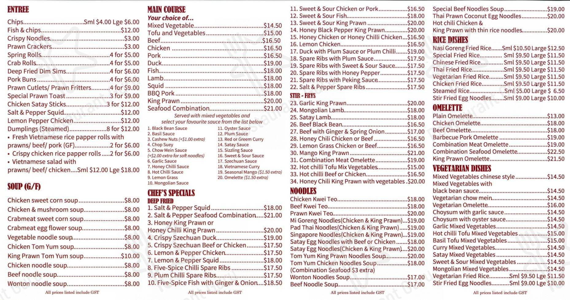 Menu at Great Wall restaurant, Busselton