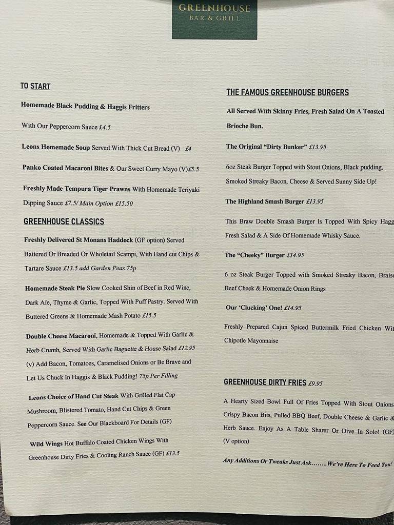 Menu at Greenhouse Bar & Grill, Cupar