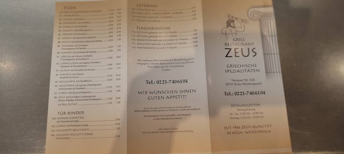 Speisekarte von Grill Restaurant Zeus, Köln