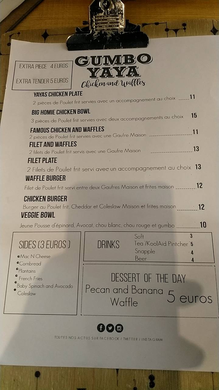 Menu au Gumbo Yaya Chicken and Waffles restaurant, Paris
