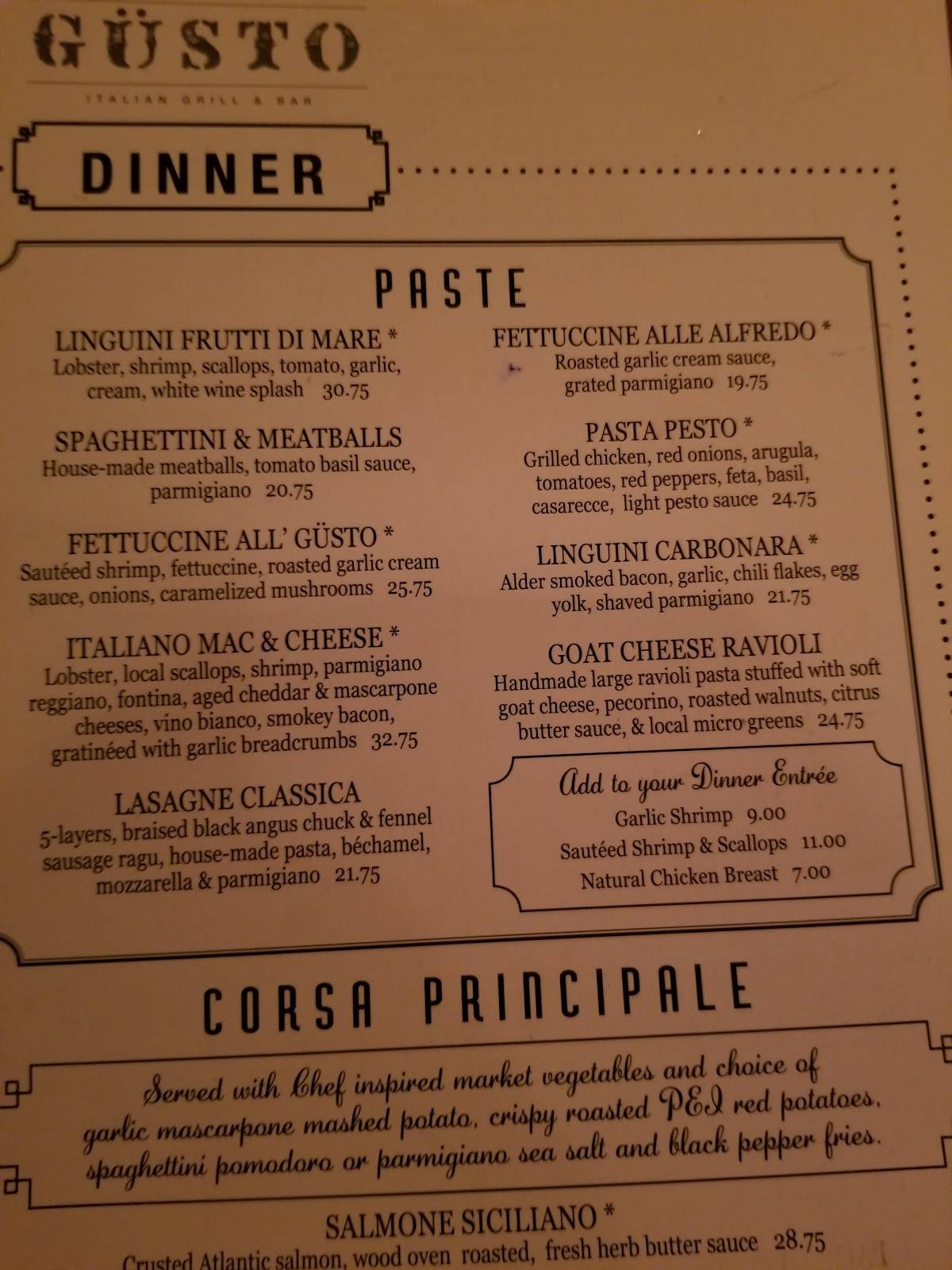 Menu at Gusto Italian Grill & Bar, Moncton