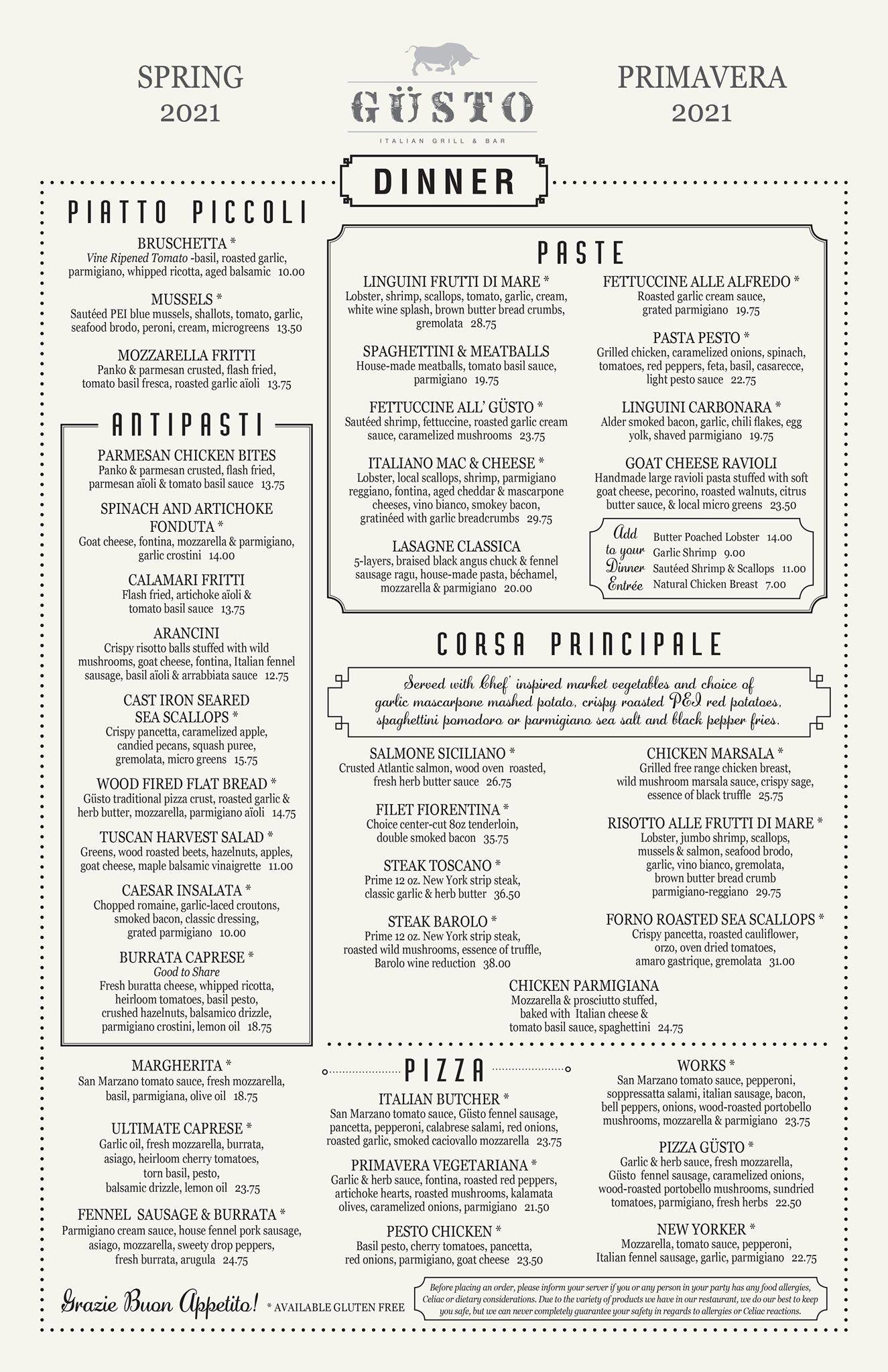 Menu at Gusto Italian Grill & Bar, Moncton
