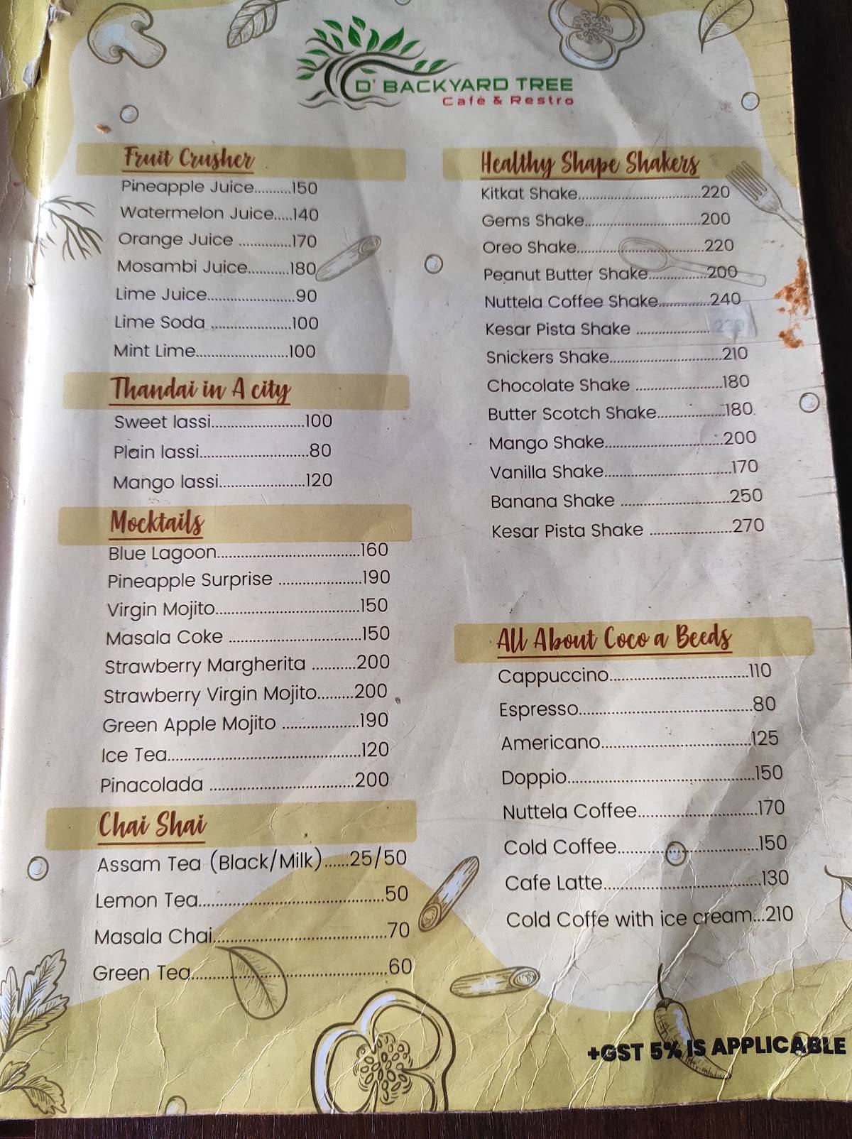 Menu at D' BACKYARD TREE CAFÉ RESTRO, Guwahati