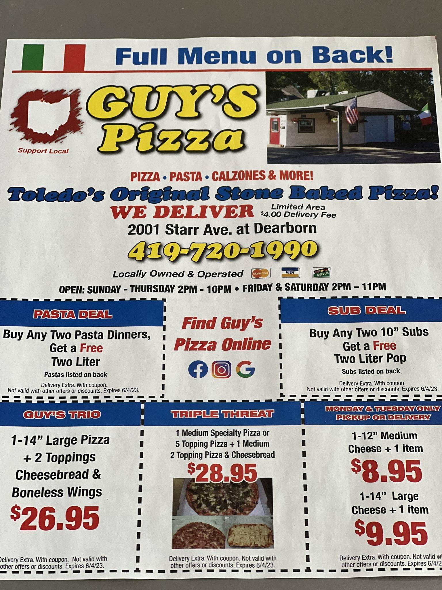 Menu at Guy's Pizza pizzeria, Toledo, Starr Ave