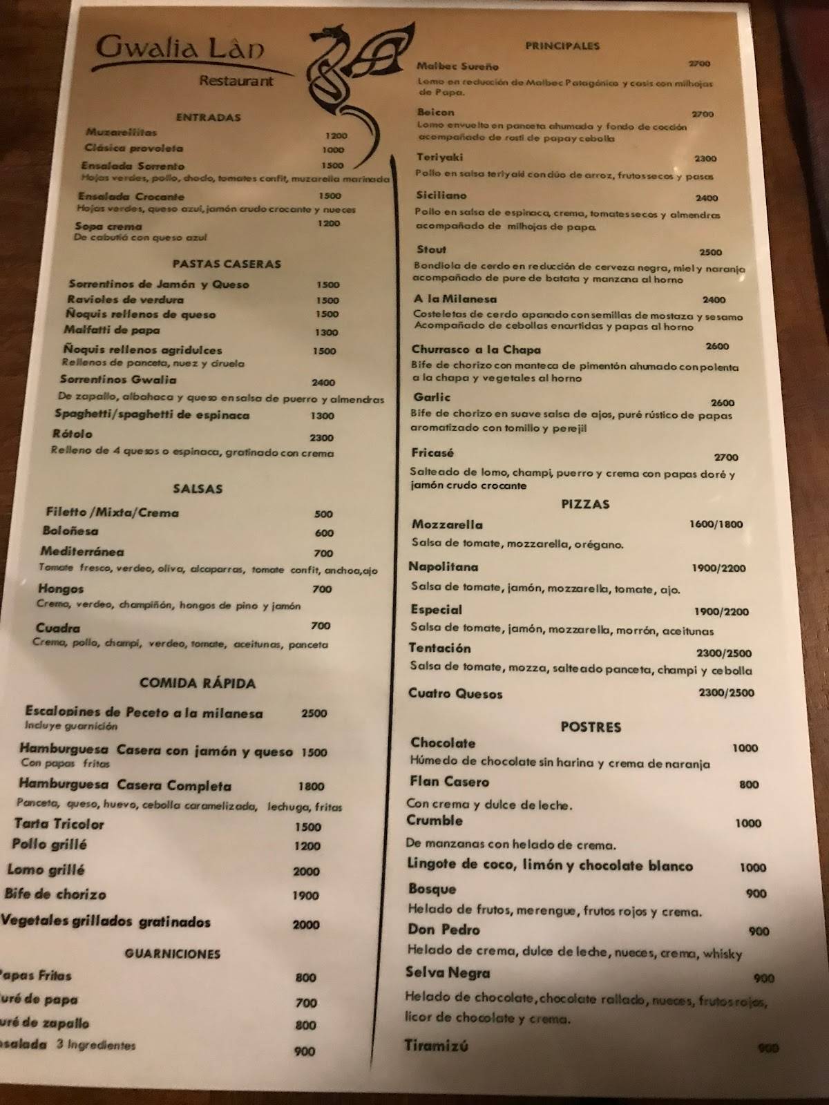 Menu at Gwalia Lân Resto restaurant, Gaiman