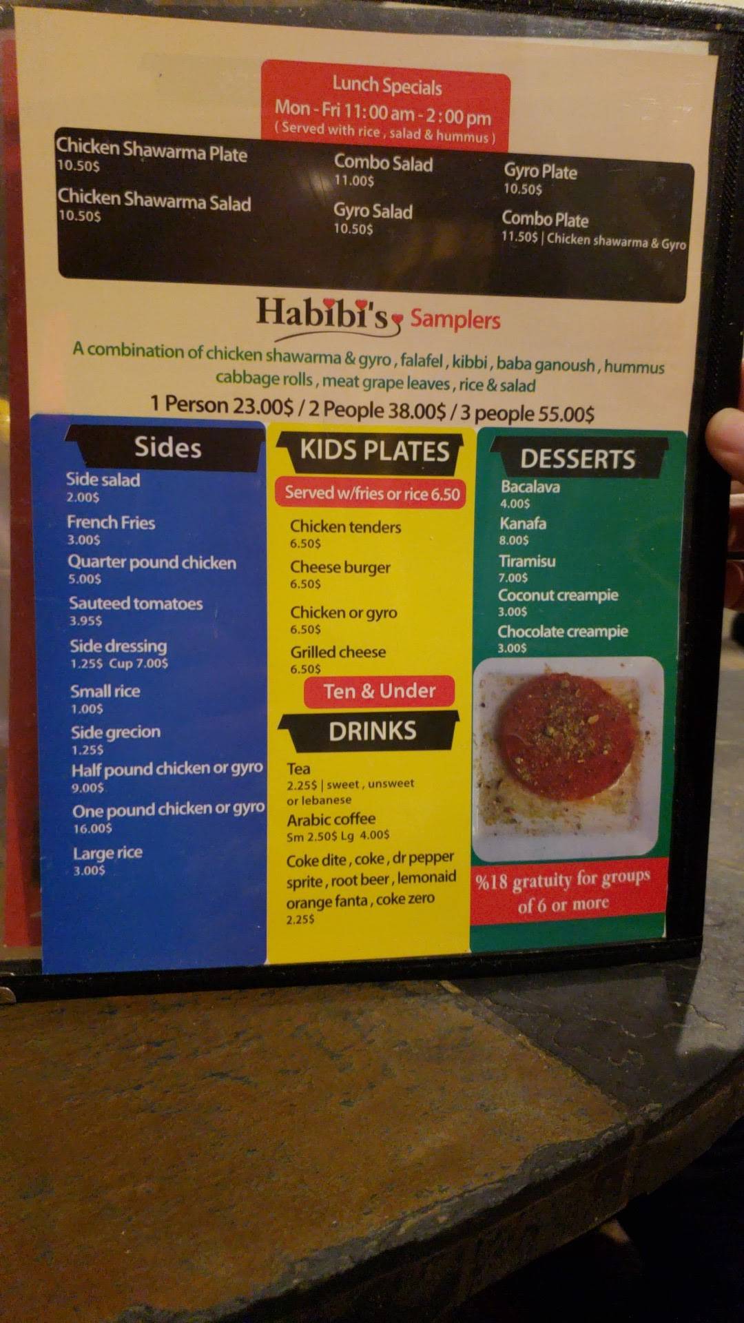 Menu at Habibi's Lebanese Cuisine restaurant, Marksville