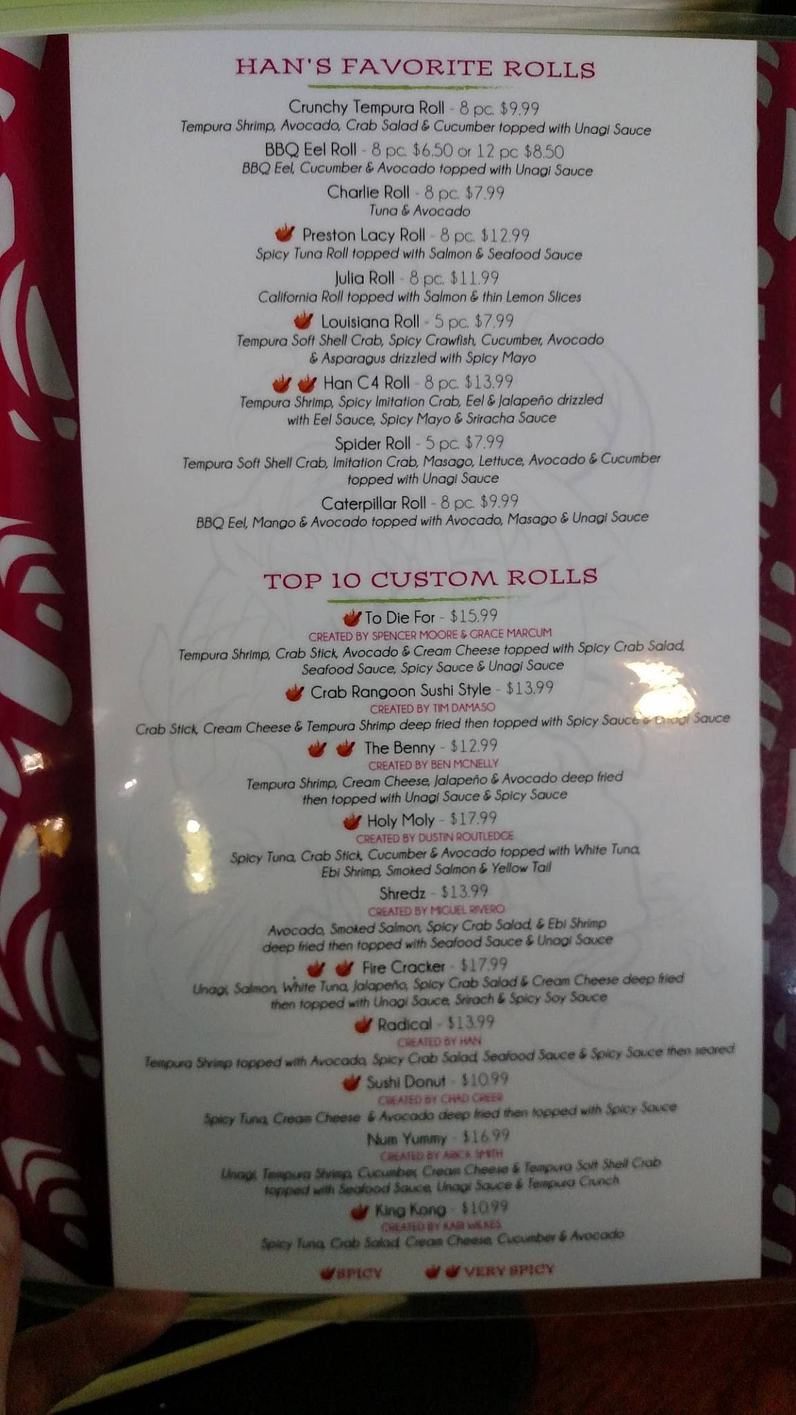 Menu at Han the Sushi Man restaurant, Joplin