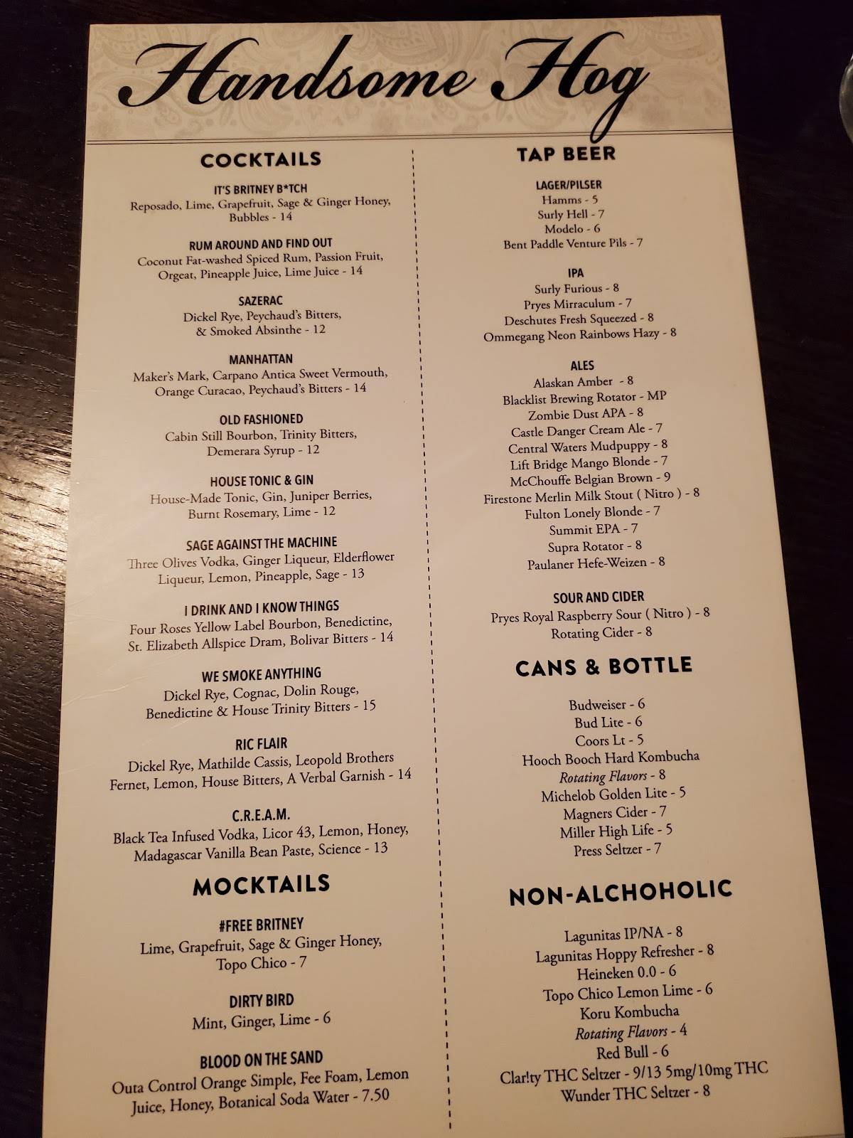 Menu at Handsome Hog pub & bar, Saint Paul, 173 Western Ave N