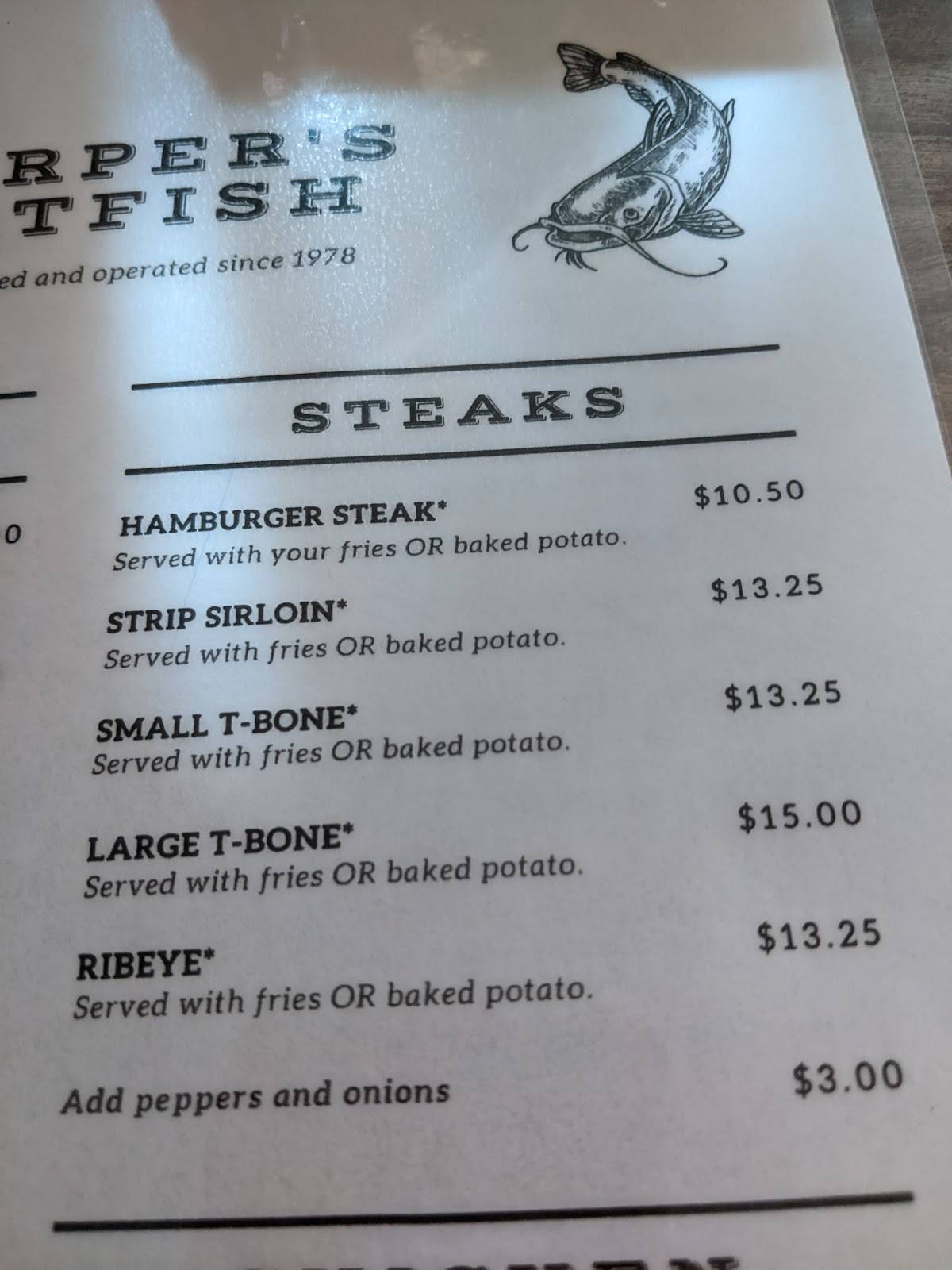 Menu at Harper's Catfish restaurant, Scottsville
