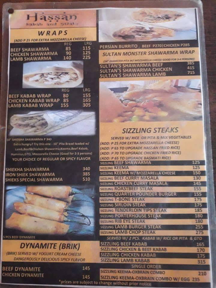 Menu at Hassan Kabab and Steaks pub & bar, Quezon City, Katipunan Ave