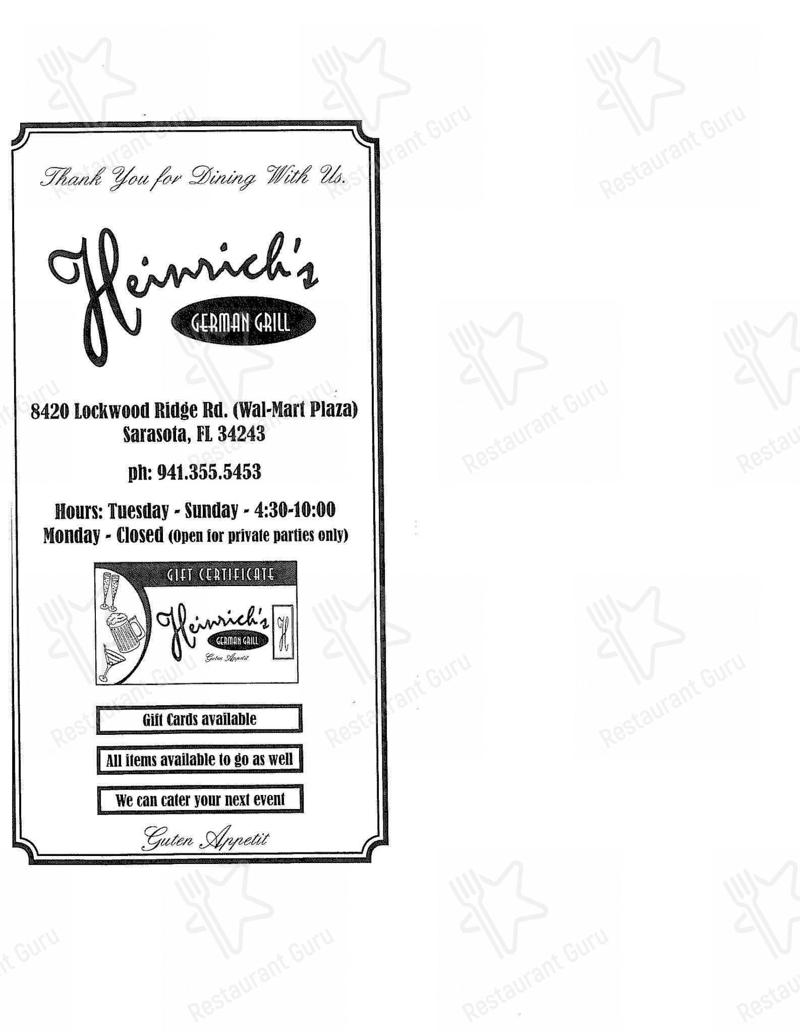 Menu at Heinrich's German Grill pub & bar, Sarasota