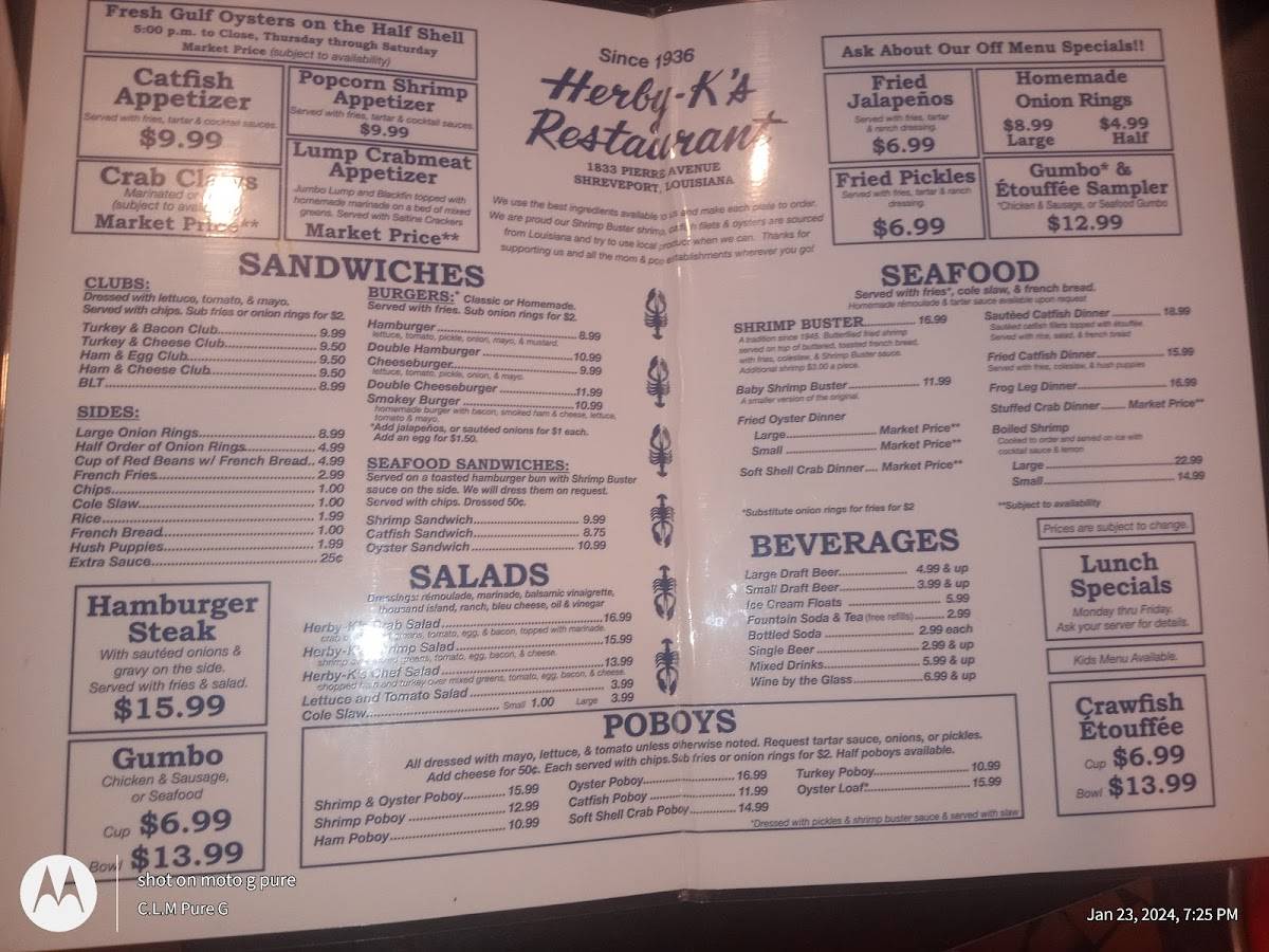 Menu at Herby-K's restaurant, Shreveport