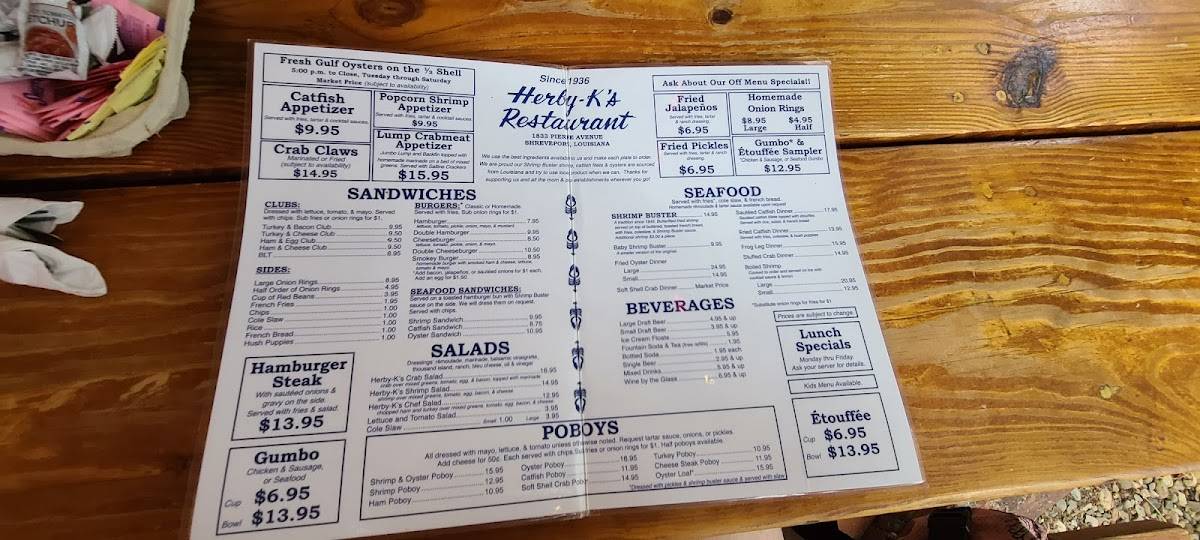 Menu at Herby-K's restaurant, Shreveport