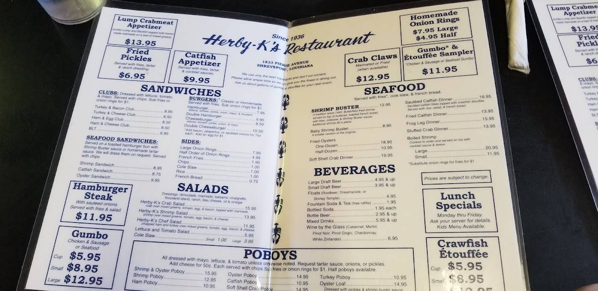 Menu at Herby-K's restaurant, Shreveport