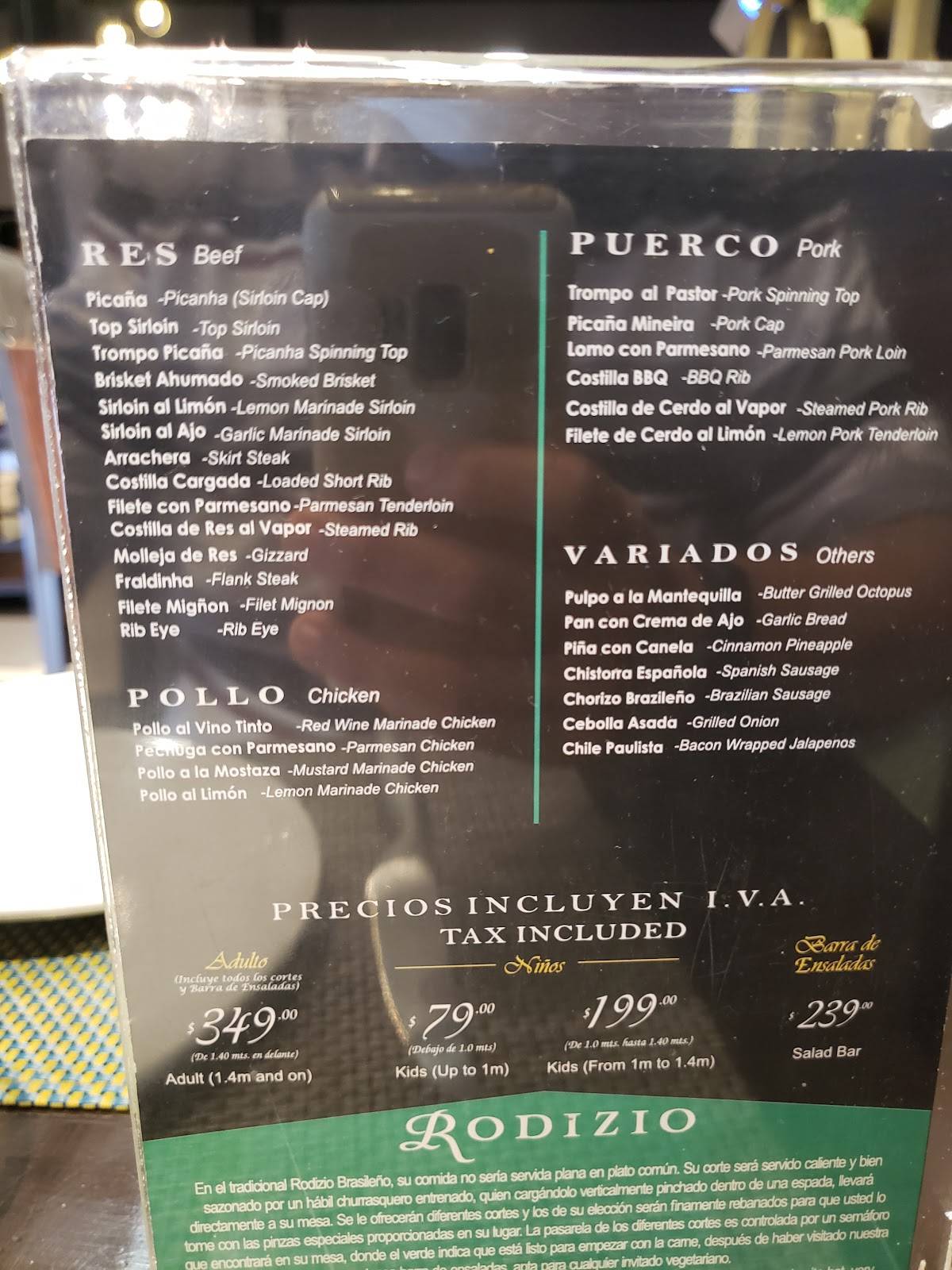 Carta del restaurante Las Espadas, Hermosillo