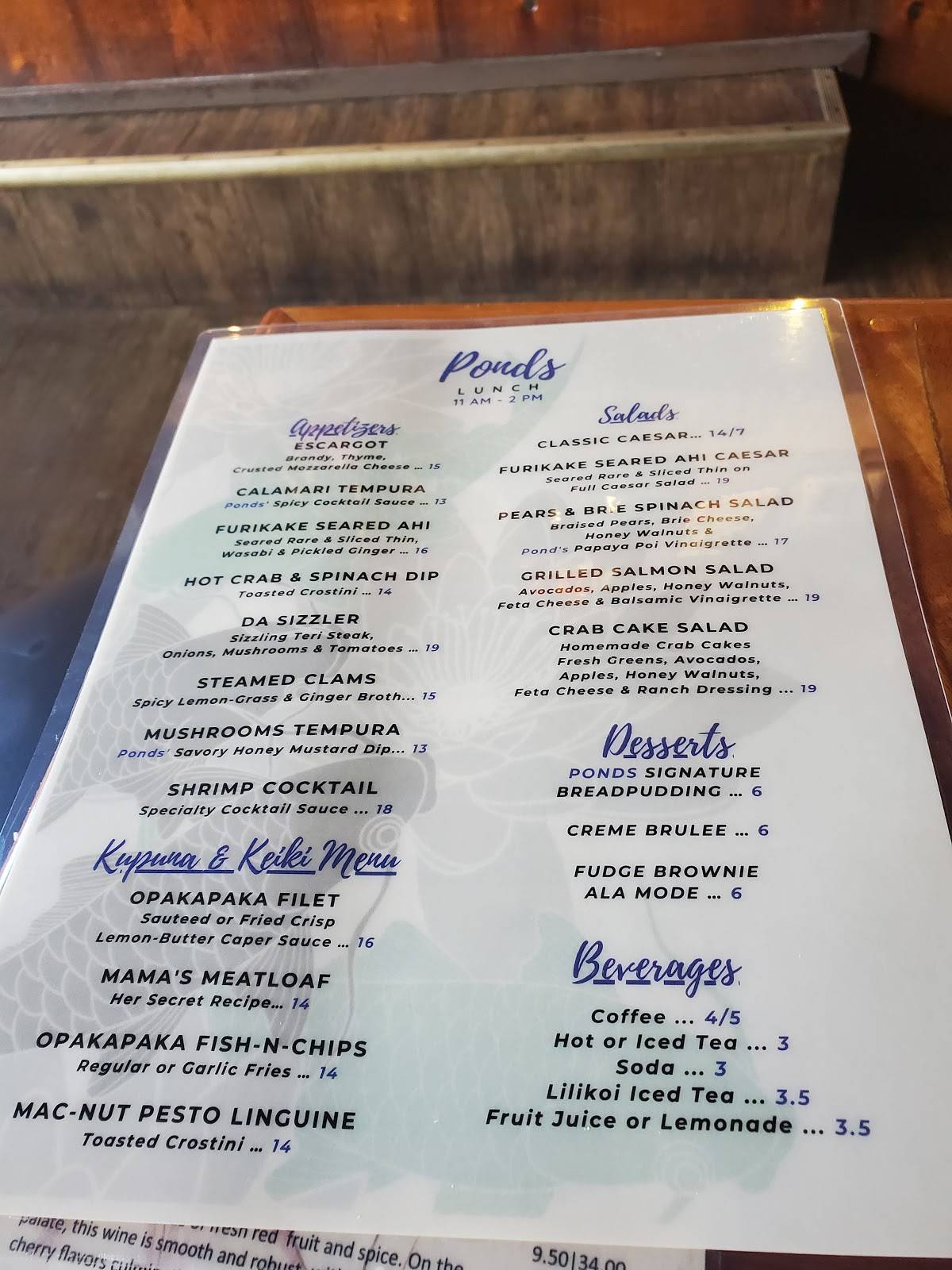 Menu at Ponds Hilo restaurant, Hilo