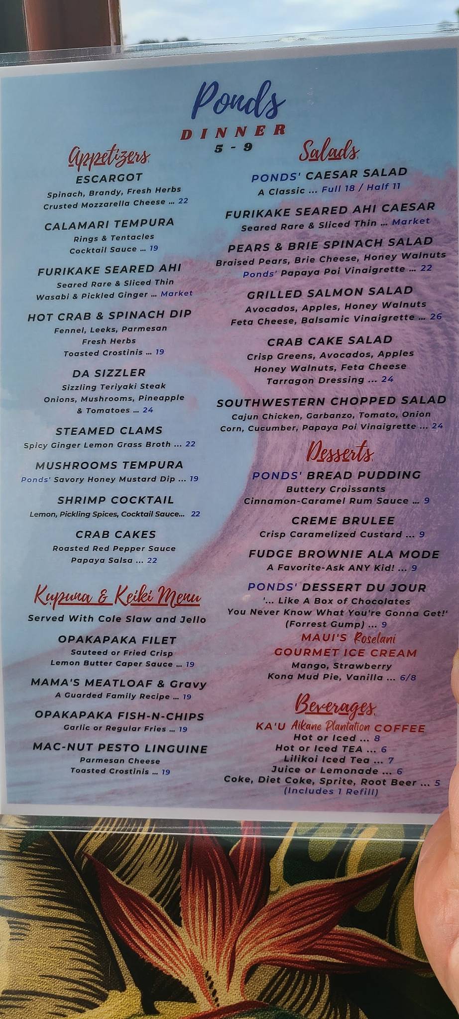 Menu at Ponds Hilo restaurant, Hilo