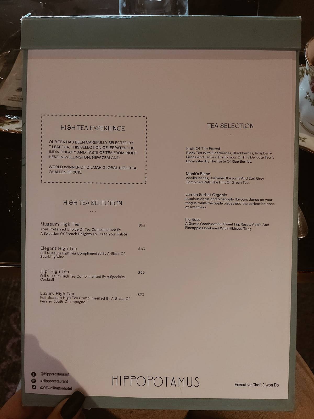 Menu at Hippopotamus Restaurant & Cocktail Bar, Wellington