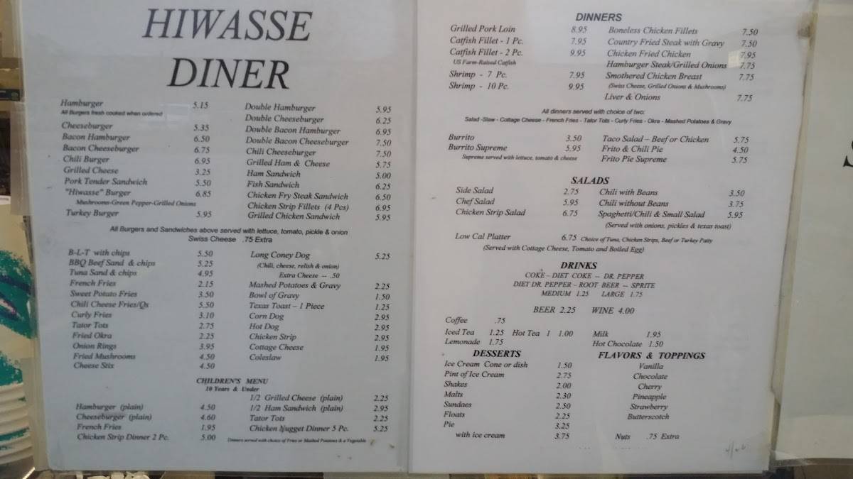 Menu at Hiwasse Diner restaurant, Hiwasse, AR-72