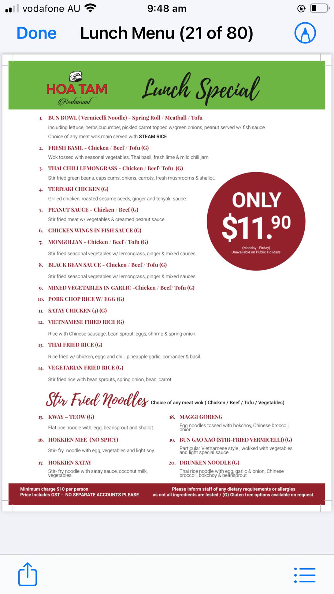 Menu at Hoa Tam restaurant, Gilles Plains