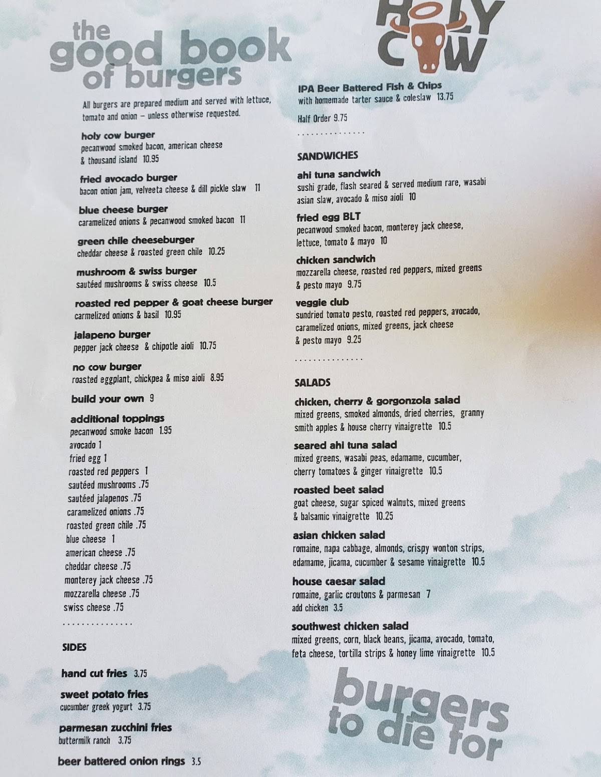Menu at Holy Cow Burger pub & bar, Albuquerque