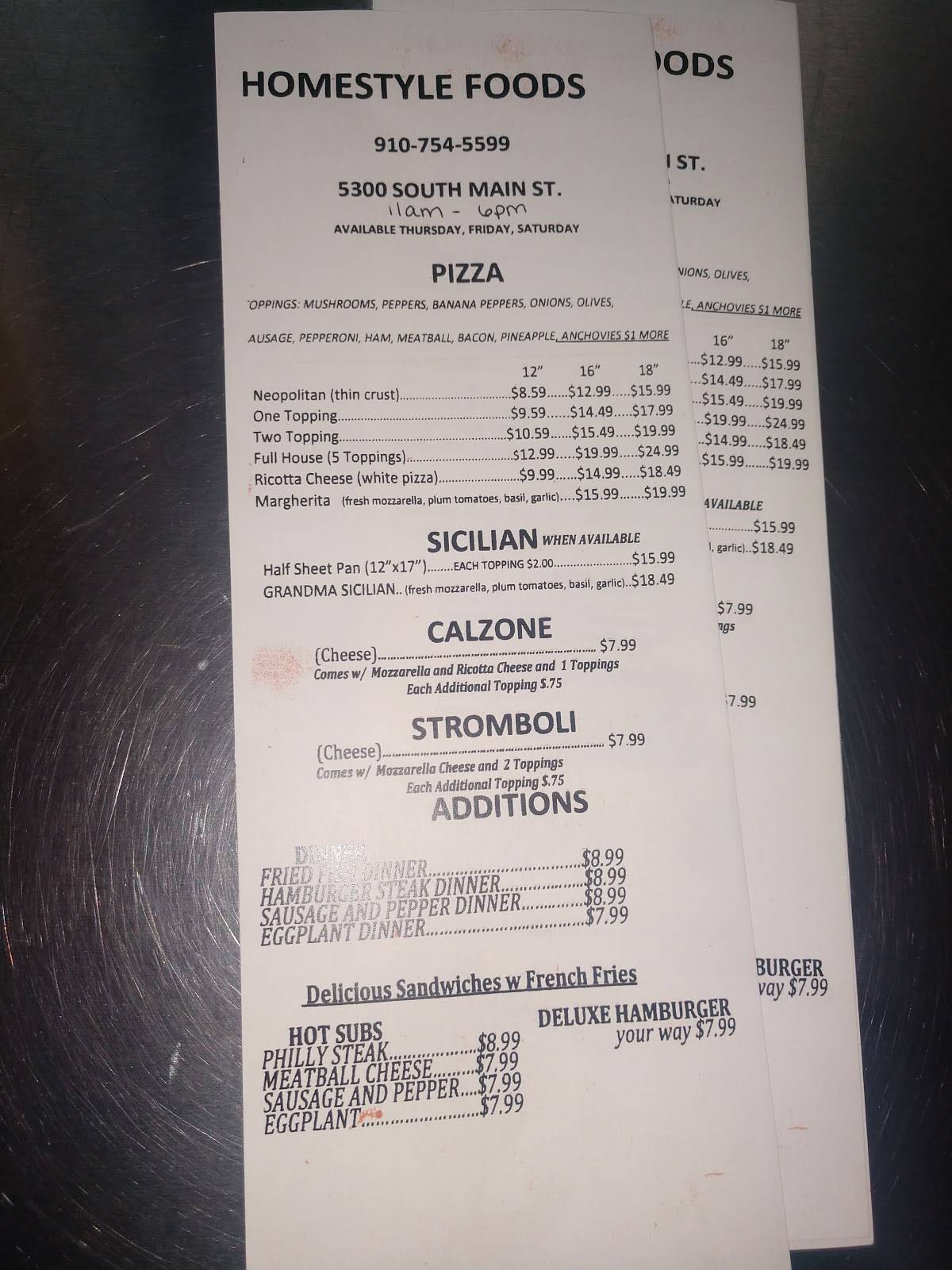 Menu at Home Style Foods restaurant, Shallotte