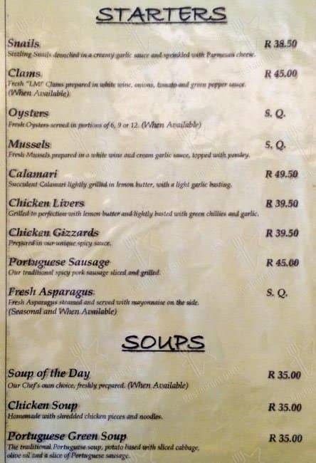 Menu at Honey Rock Motel restaurant, Roodepoort