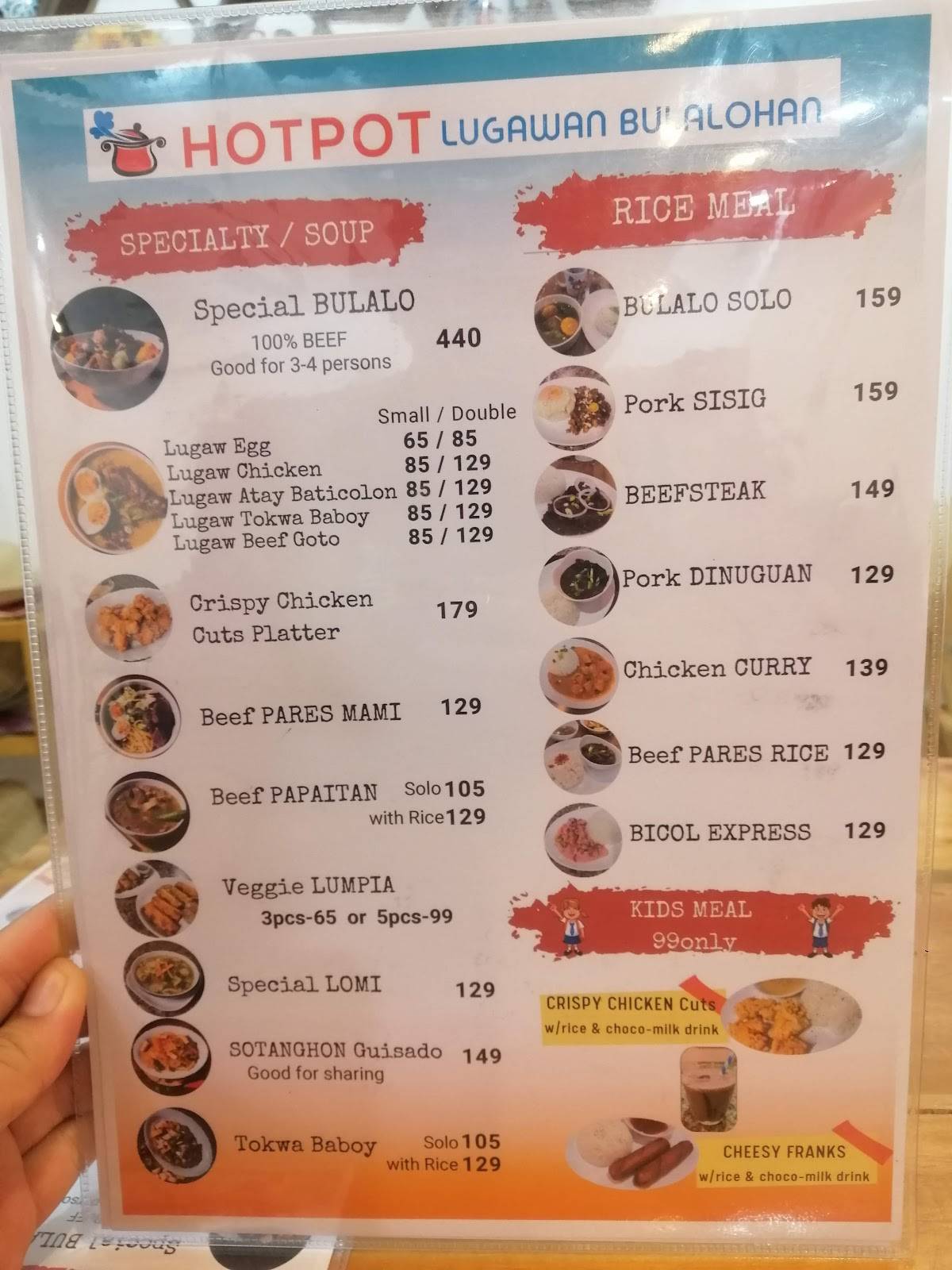 Menu at Hotpot Lugawan Bulalohan restaurant, Valencia City