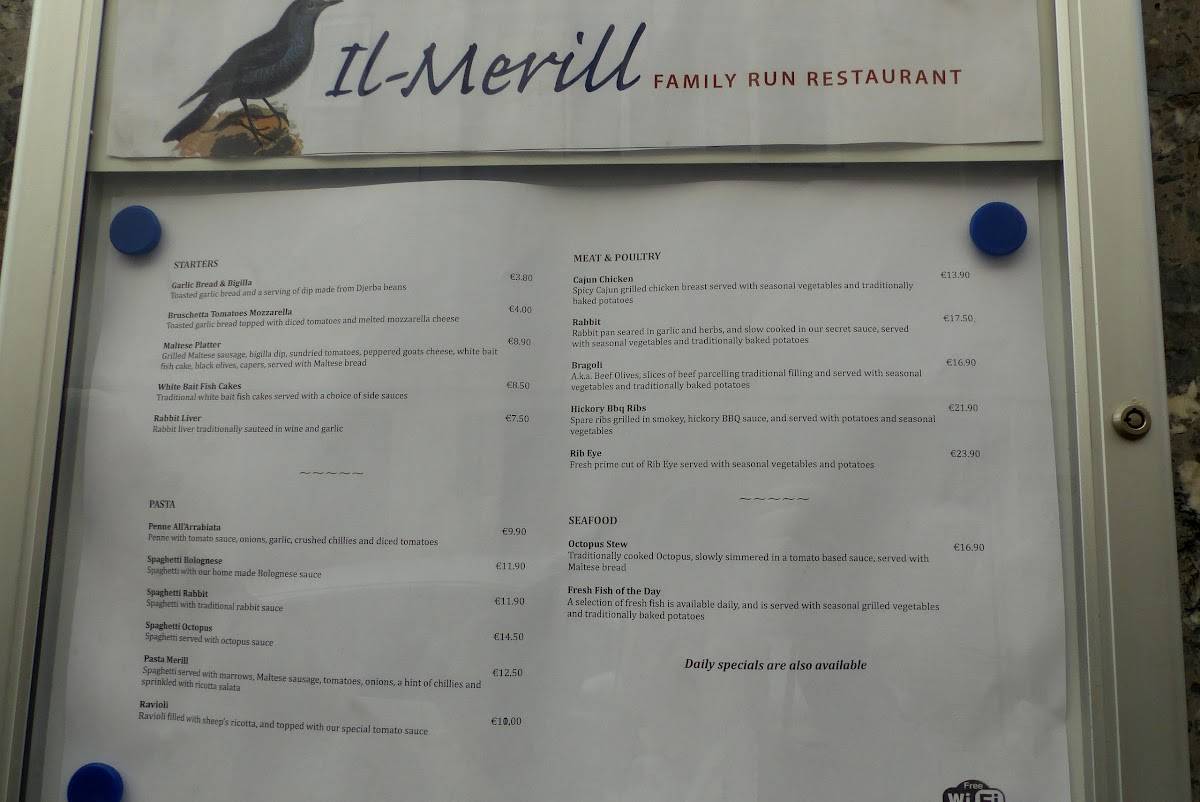 Menu at Il-Merill Restaurant, Sliema