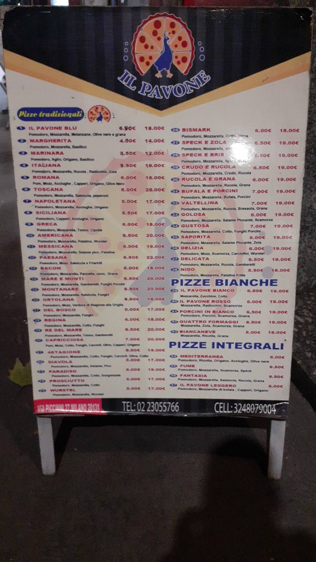 Menu da Il pavone pizzeria, Milano