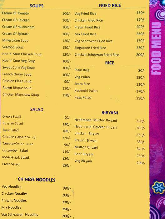 Menu at Indiana Bar and Restaurant, Candolim