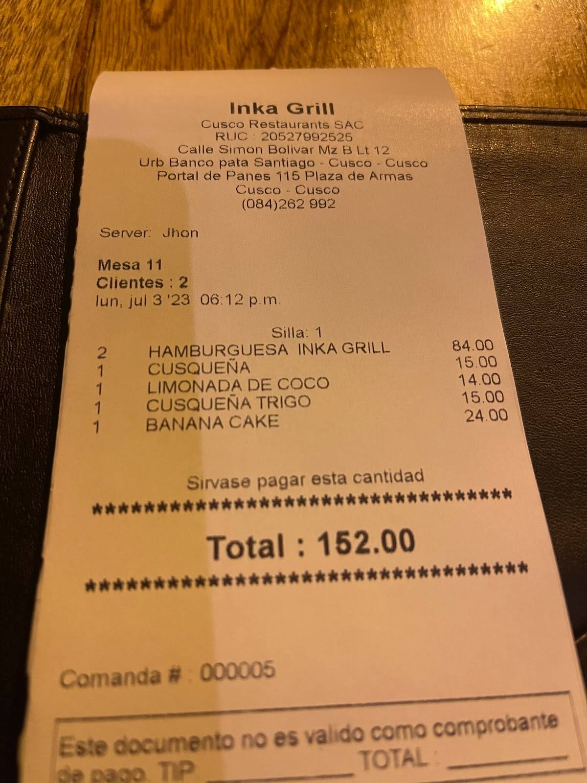 Menu at Inka Grill restaurant, Cusco