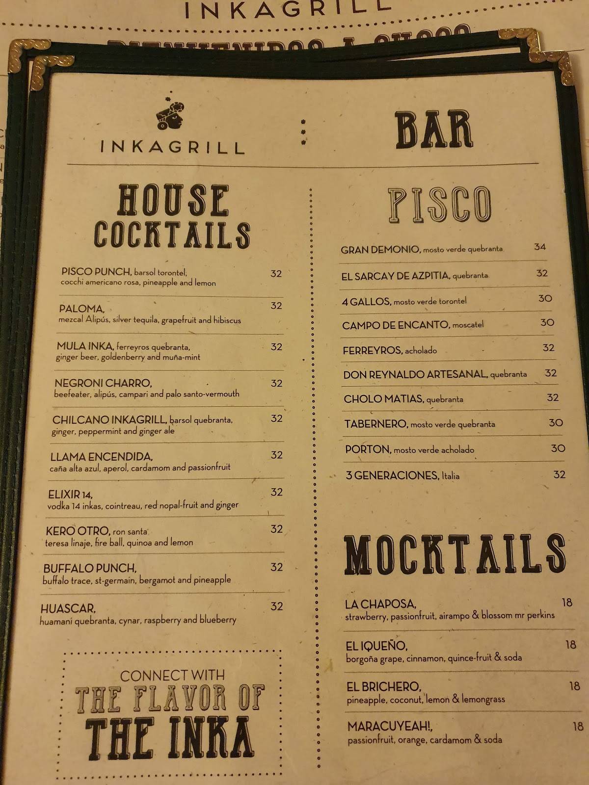 Menu at Inka Grill restaurant, Cusco