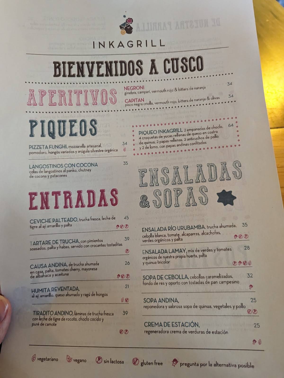 Menu at Inka Grill restaurant, Cusco