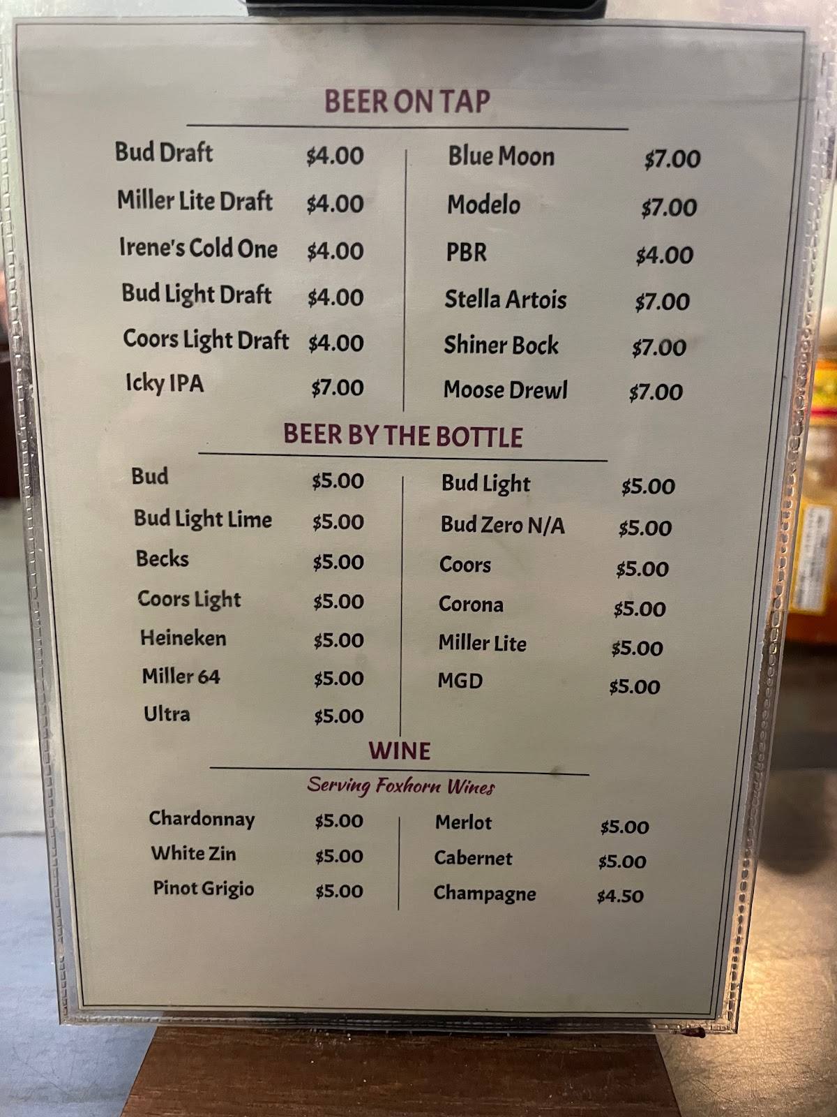 Menu at Irene's Casino restaurant, Pahrump