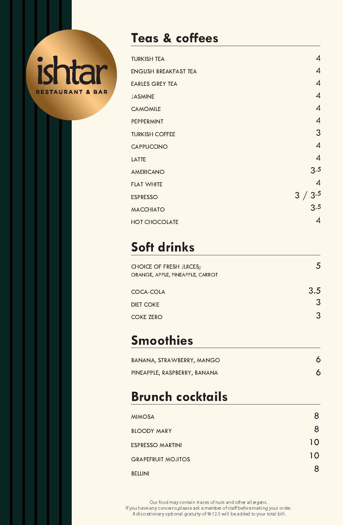 Menu at Ishtar restaurant, London, 10-12 Crawford St