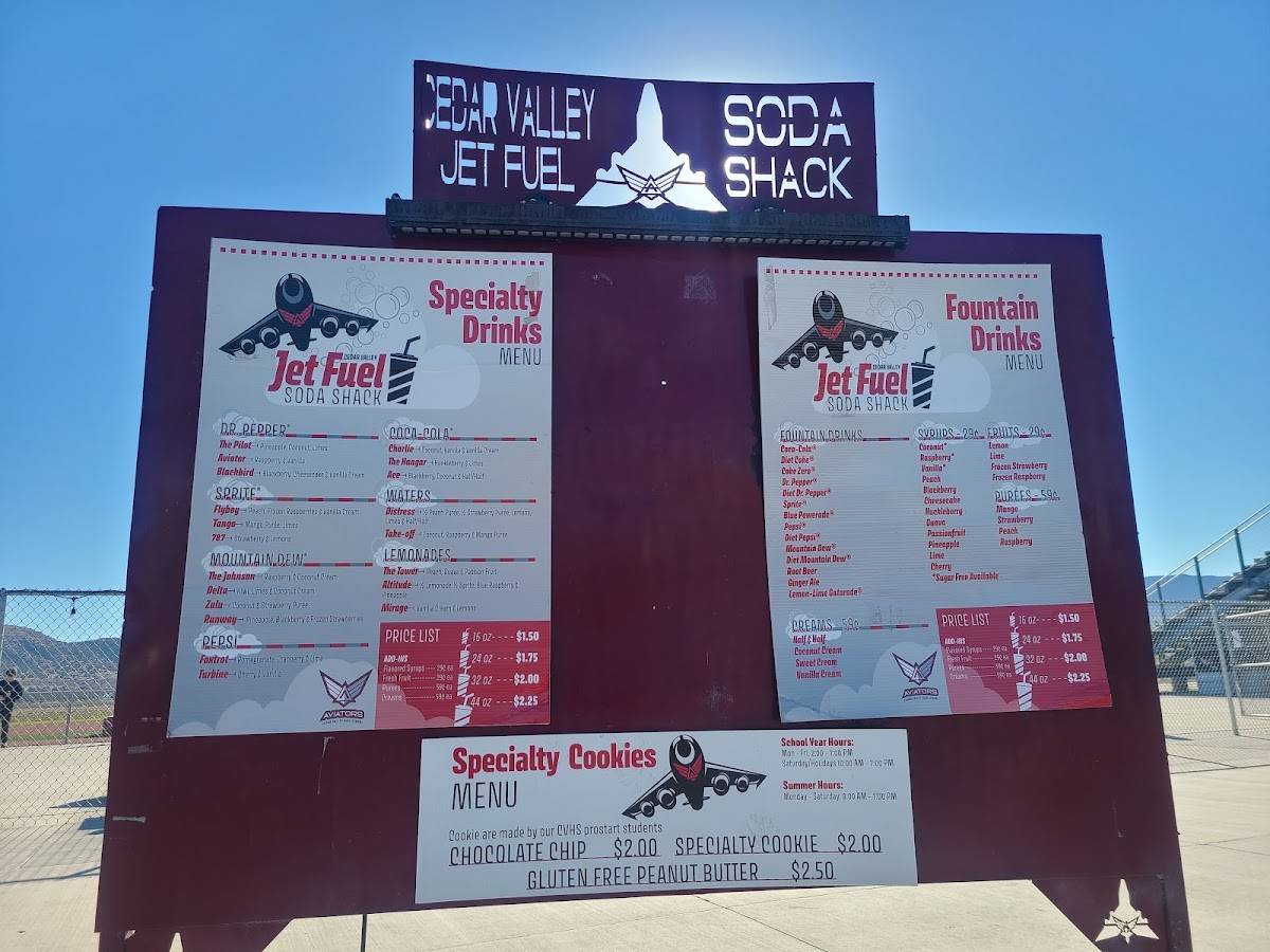 Menu at JET FUEL Soda Shack restaurant, Eagle Mountain