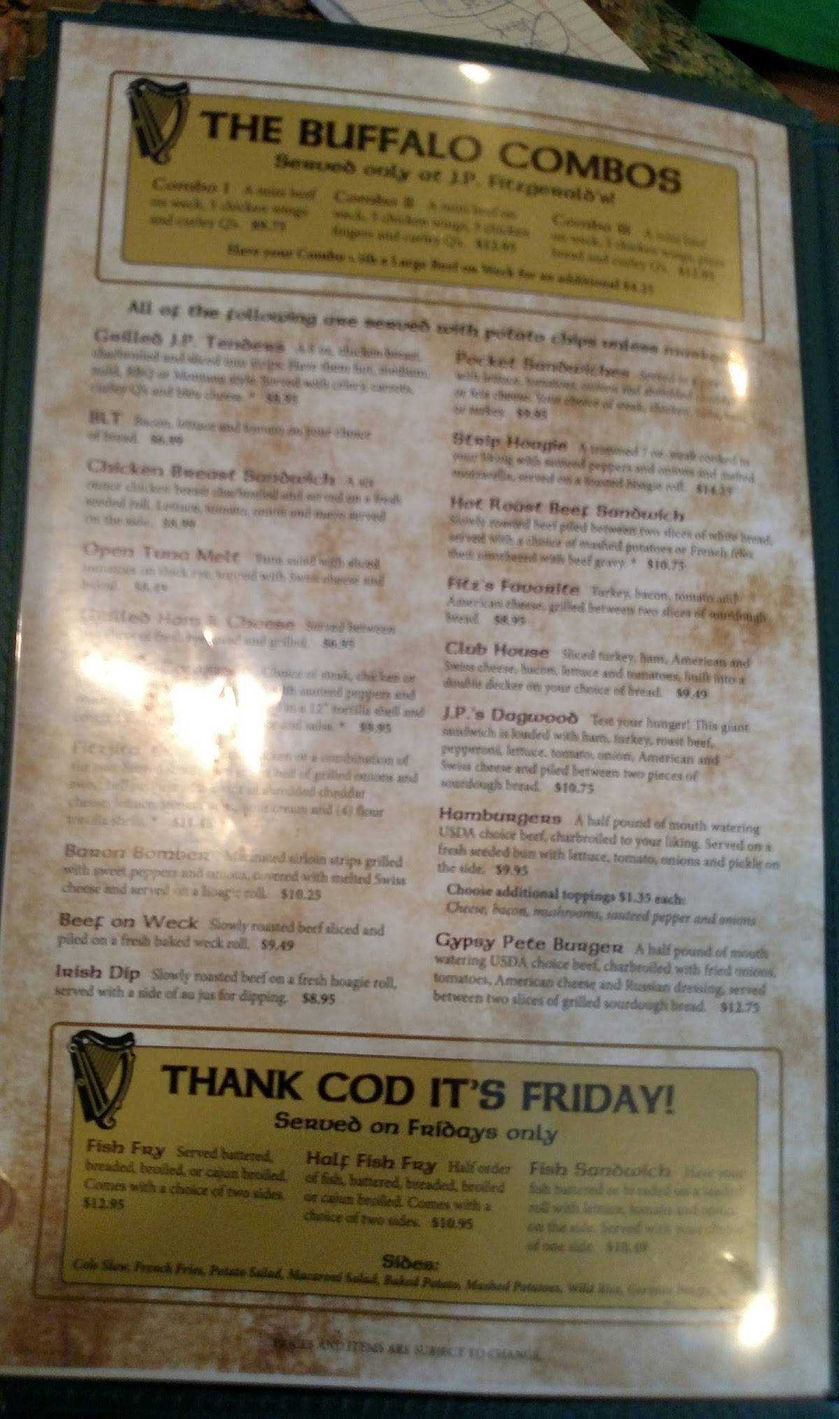 Menu at JP Fitzgeralds pub & bar, Hamburg, Clark St