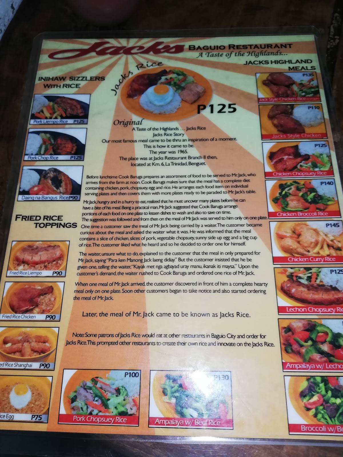 Menu at Jack's Baguio Restaurant, Baguio, Laperal Building