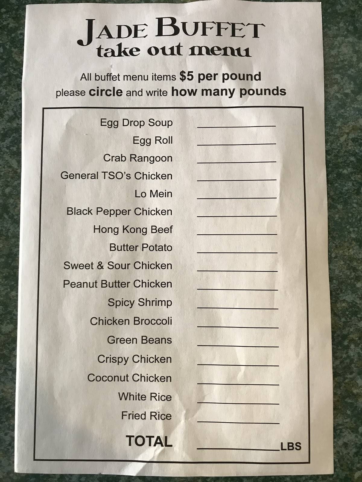 Menu at Jade Buffet restaurant, Owosso