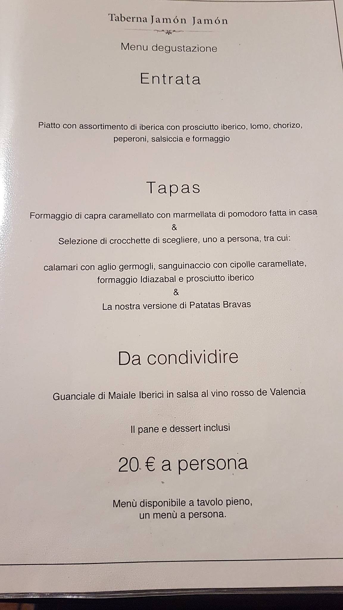 Carta de Jamón Jamón Restaurante, Valencia