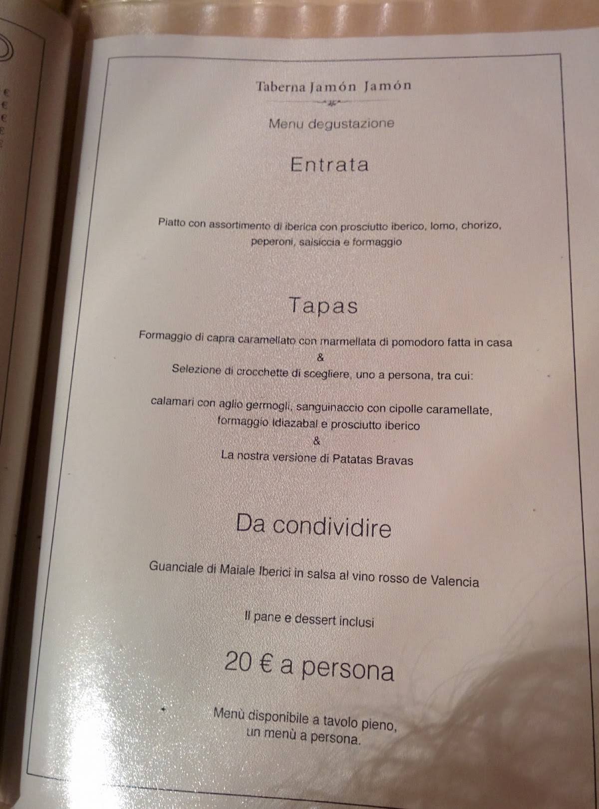 Carta de Jamón Jamón Restaurante, Valencia