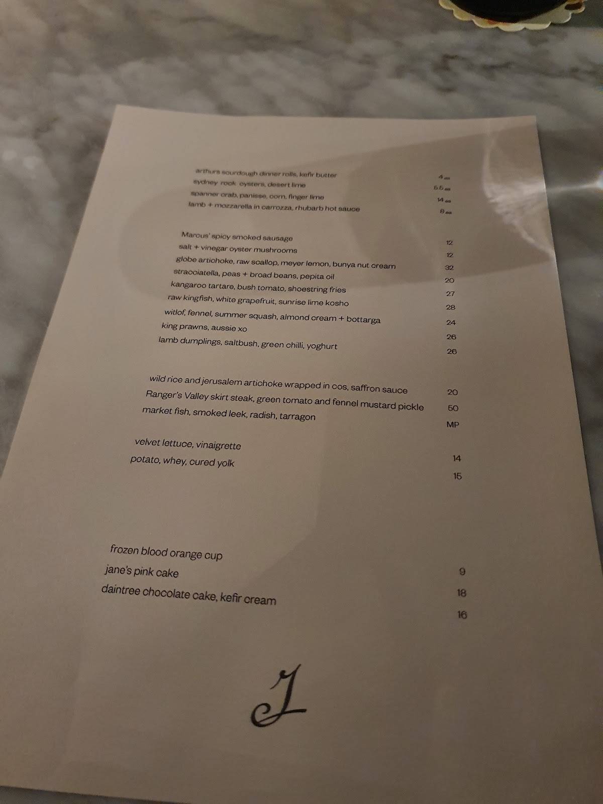 Menu at Jane Surry Hills restaurant, Surry Hills