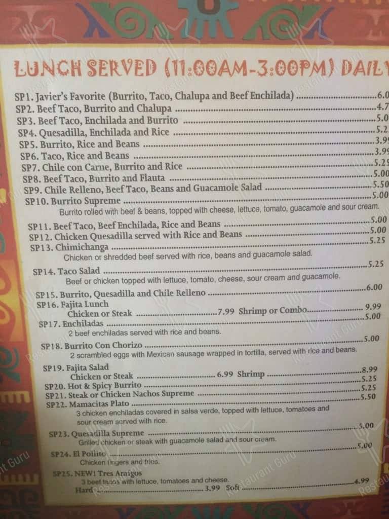 Menu at Javier's Mexican Grill restaurant, Chipley, Main St