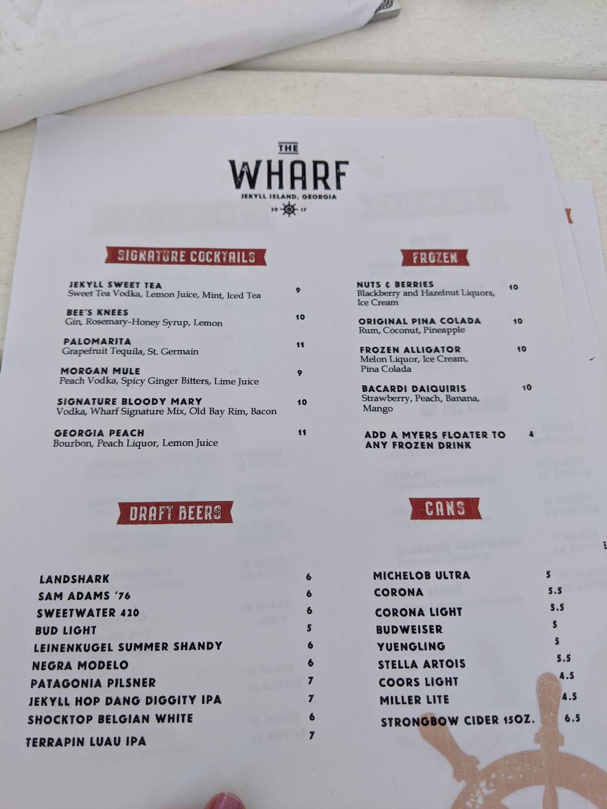 Menu at The Wharf restaurant, Jekyll Island