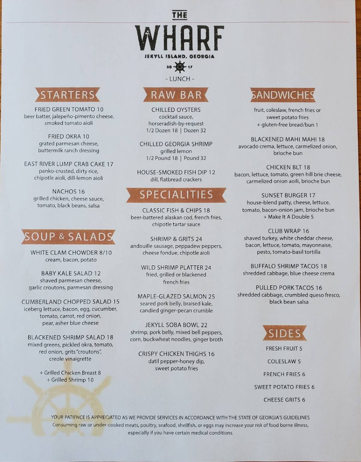 Menu at The Wharf restaurant, Jekyll Island