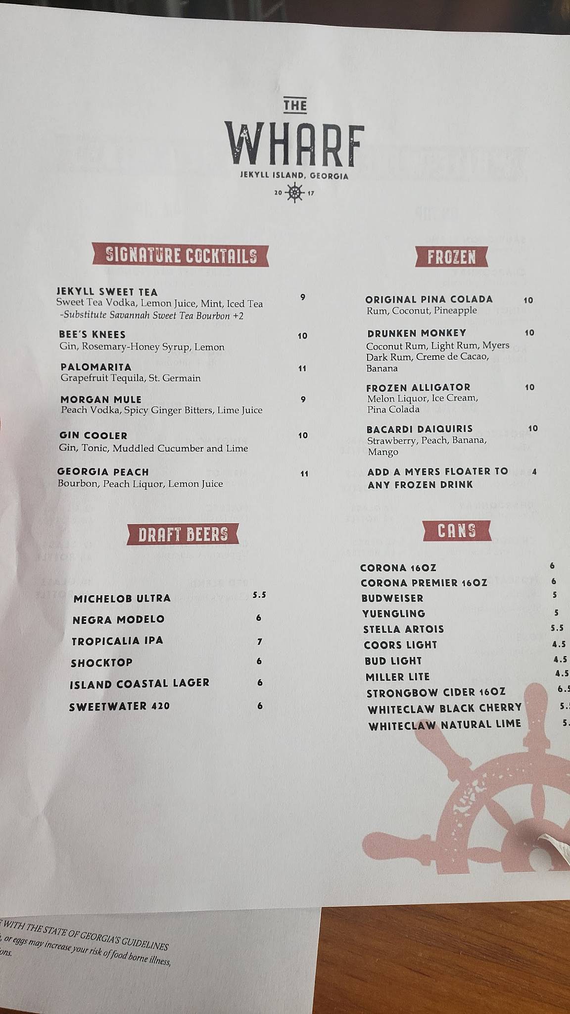 Menu at The Wharf restaurant, Jekyll Island